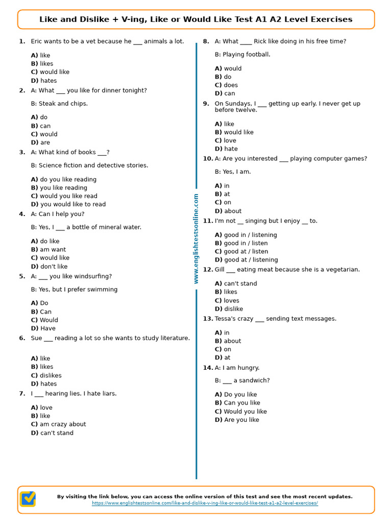 421 Like and Dislike V Ing Like or Would Like Test A1 A2 Level ...