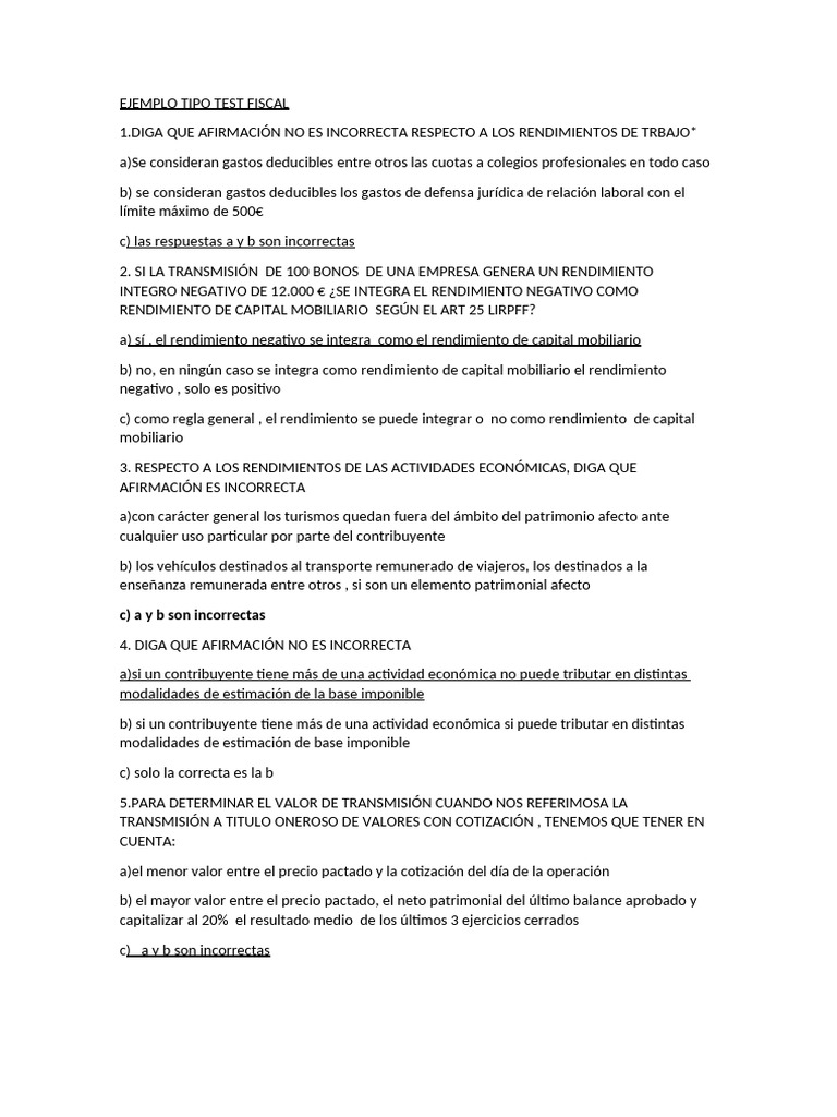 Test Fiscal: Preguntas y Respuestas | PDF | Impuestos | Economias