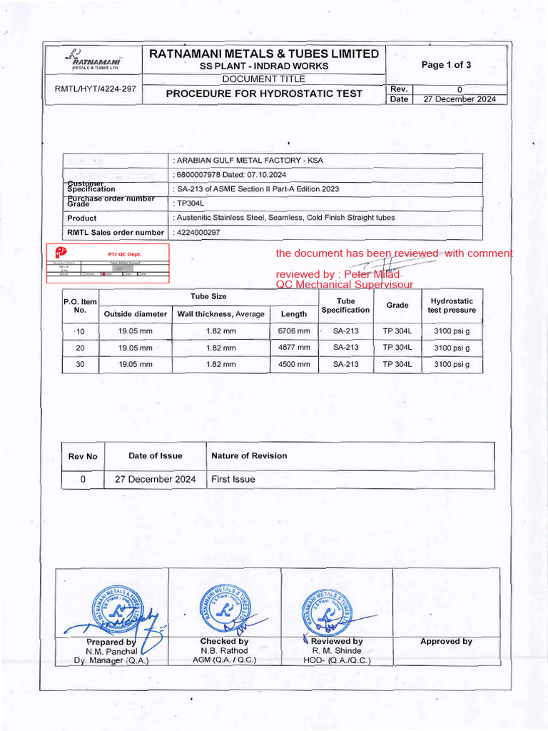 Hydro Test Procedure Rev.0 | PDF