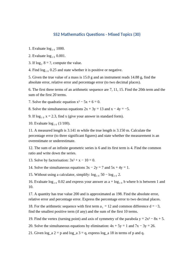SS2 Math Questions Clean | PDF | Number Theory | Arithmetic