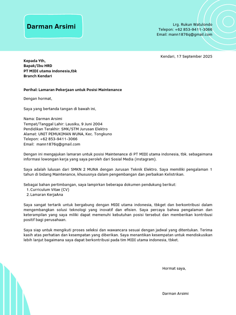 Lamaran Kerja Darman Arsimi | PDF