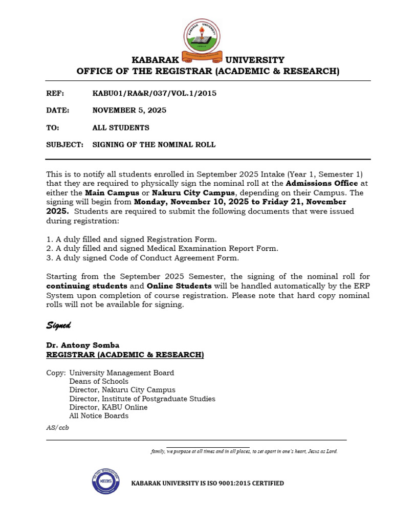 Kabarak University Nominal Roll Signing Notice | PDF