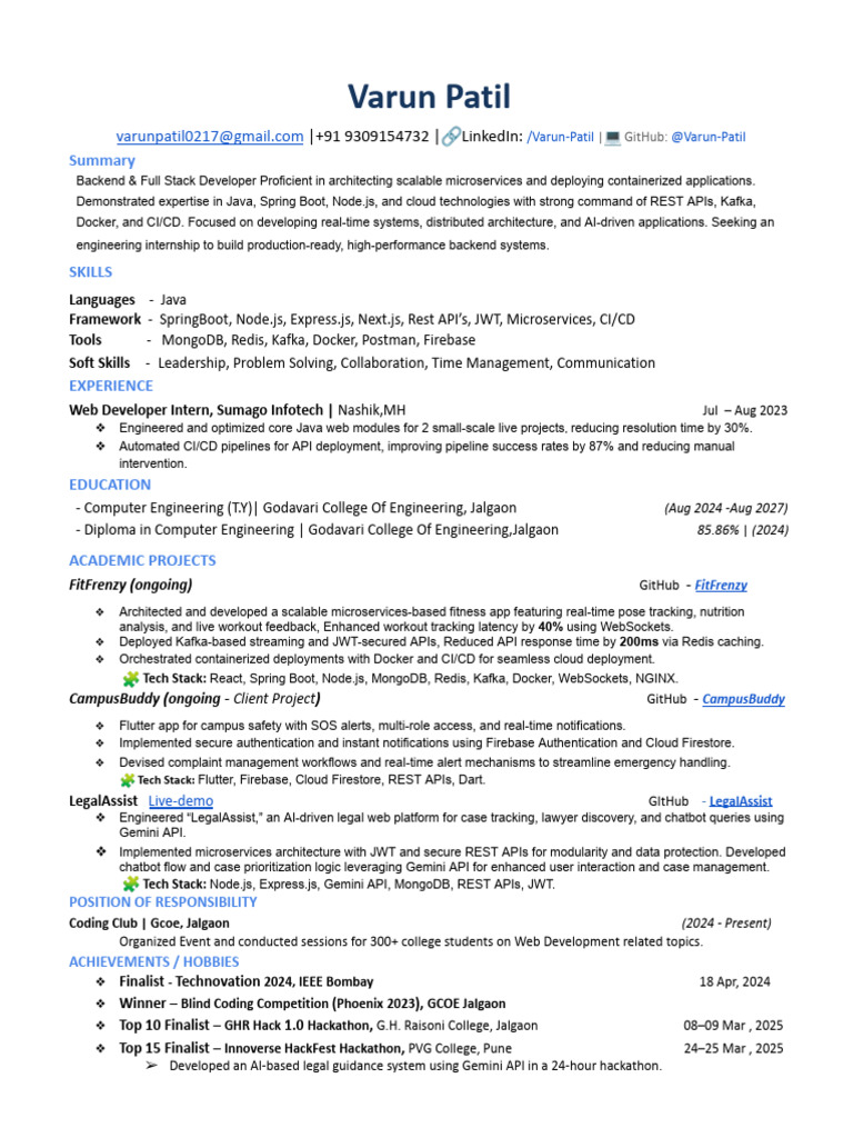 Varun Patil: Backend Developer Profile | PDF | Computing | Software ...