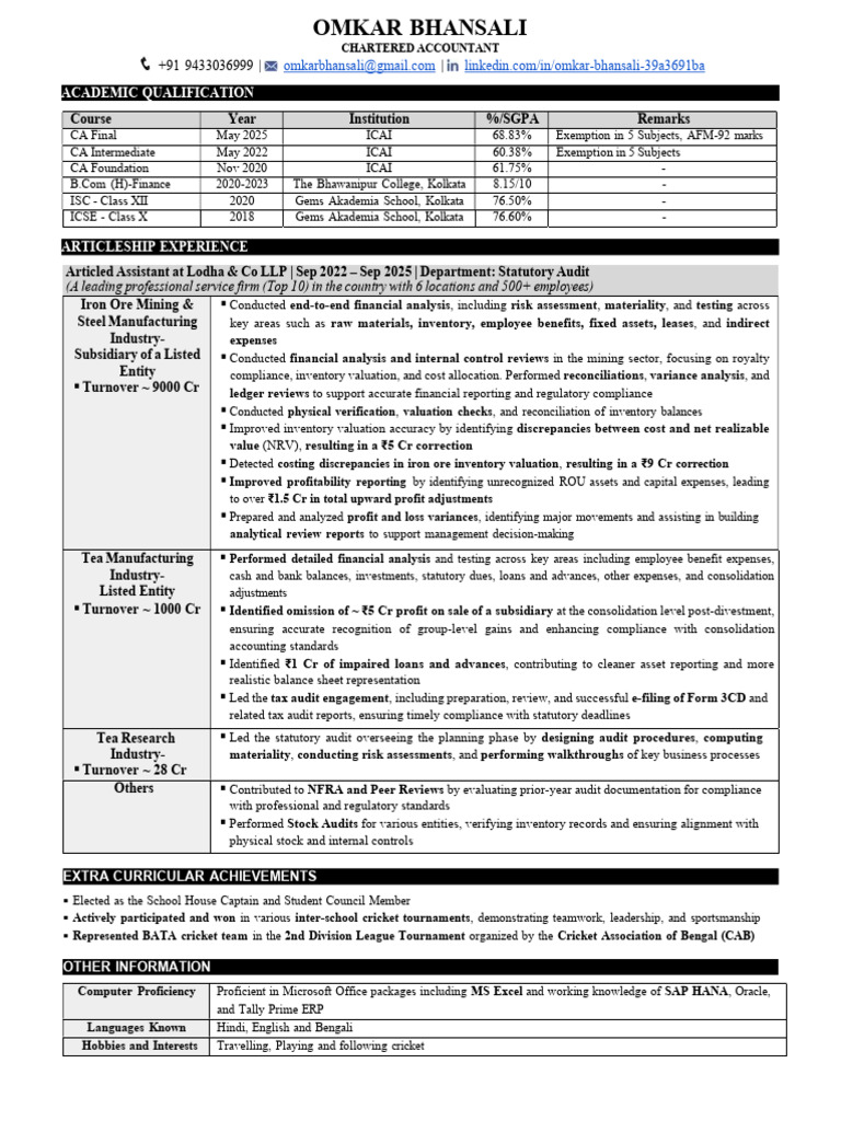 Resume - Omkar Bhansali | PDF | Audit | Valuation (Finance)