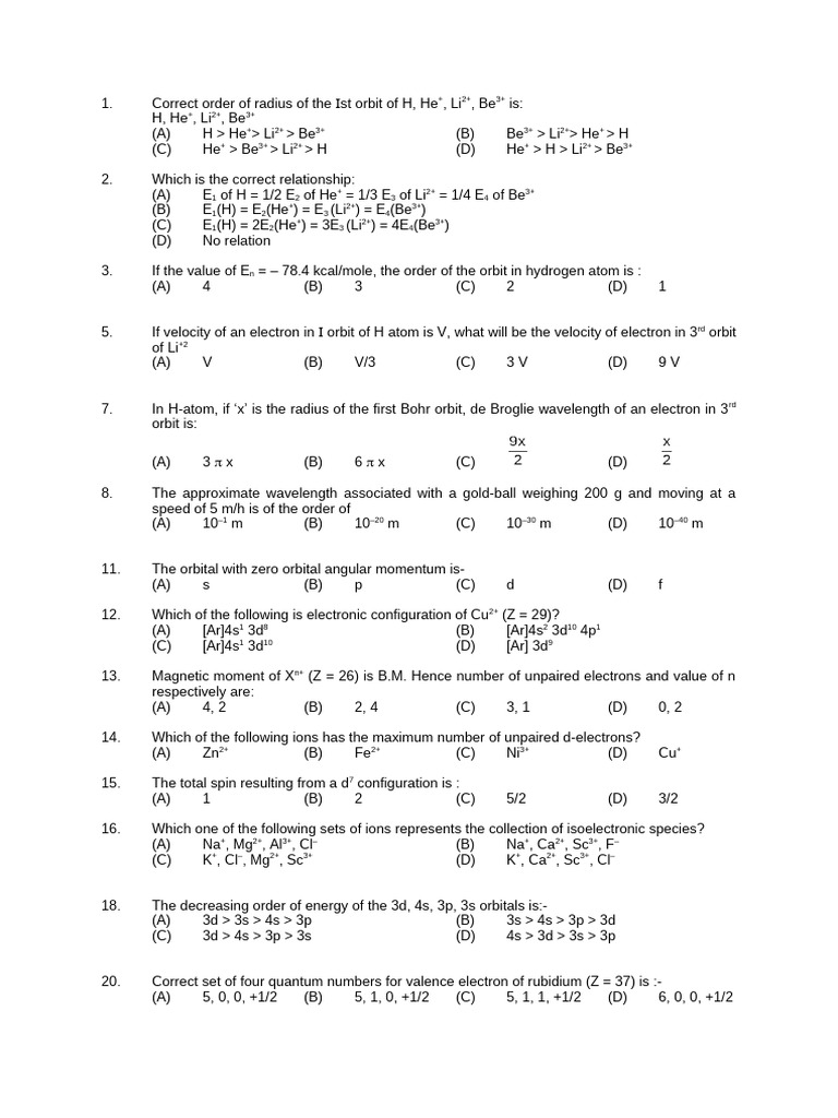 Atomic Structure - Practice Question | PDF | Atomic Orbital | Electron ...