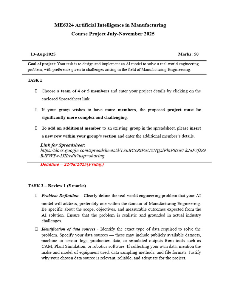 ME 6324 Project Deadlines and Evaluation Rubrics | PDF | Artificial ...