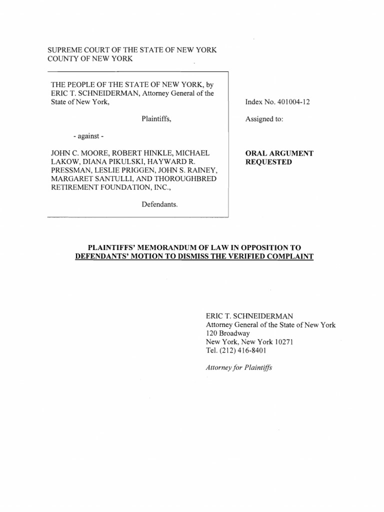 Plaintiffs' Memo of Law in Opposition to Defendants' Motion to Dismiss the Verified Complaint ...