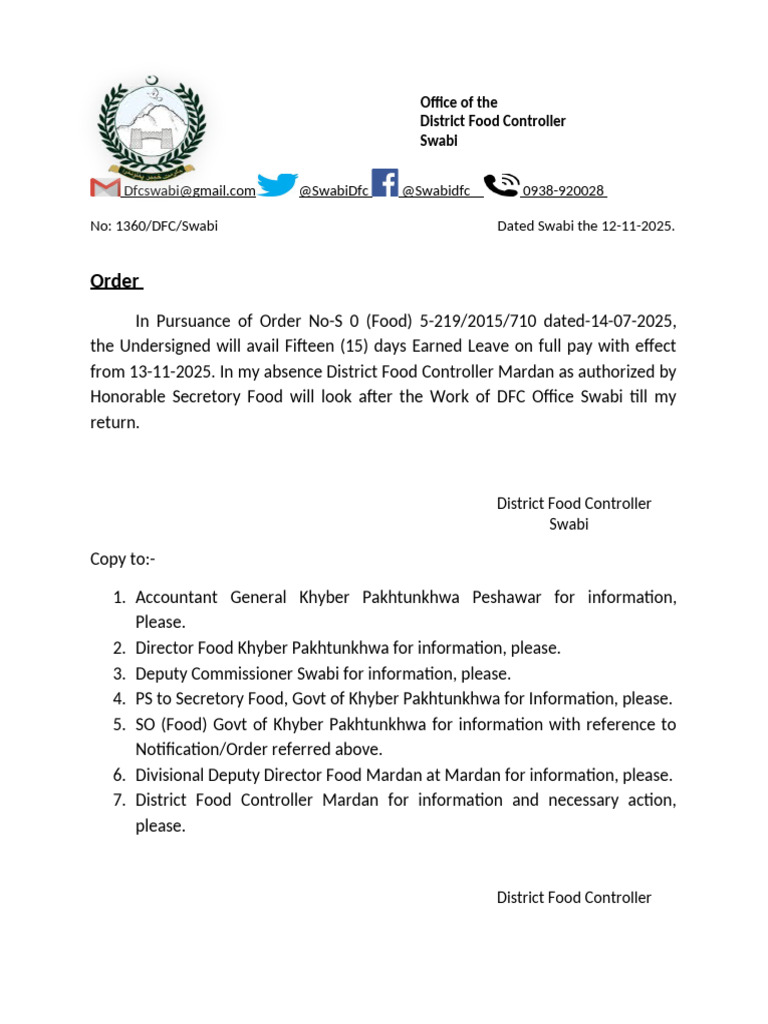 Swabi District Food Controller Leave Order | PDF
