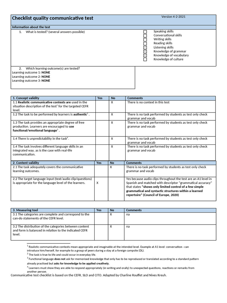 Checklist Criteria Comminicative Tests | PDF | Vocabulary | Applied ...