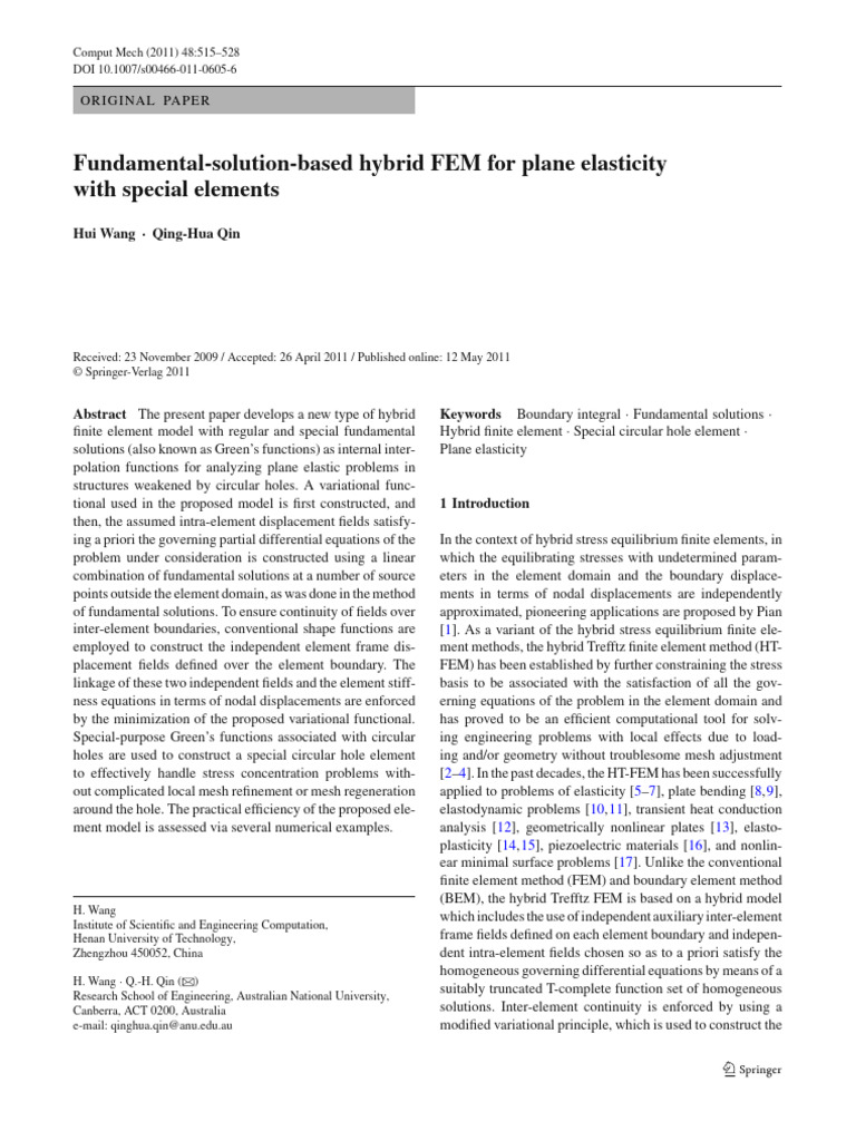 Fundamental-Solution-Based Hybrid FEM For Plane Elasticity With Special ...