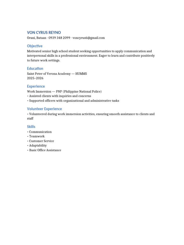 Von Cyrus Reyno Resume | PDF