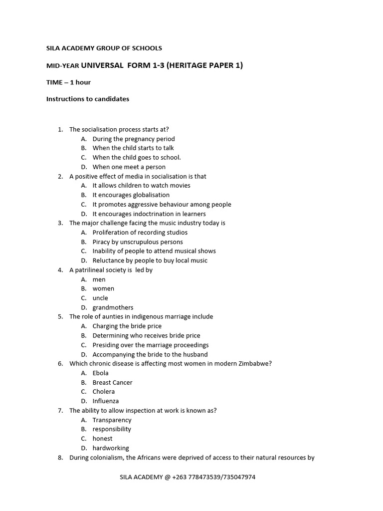 Mid-Year Exam: Heritage Paper 1 Questions | PDF | Zimbabwe