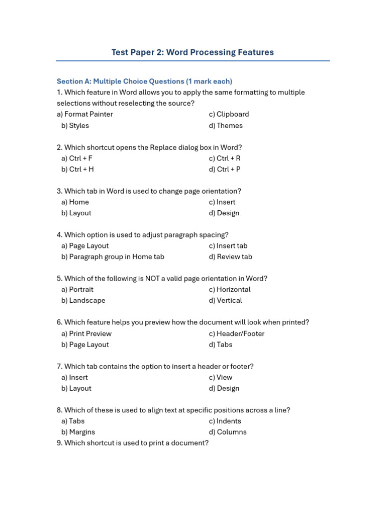 Class 4 Test - Paper 2 Word Features | PDF | Paragraph | Page Layout