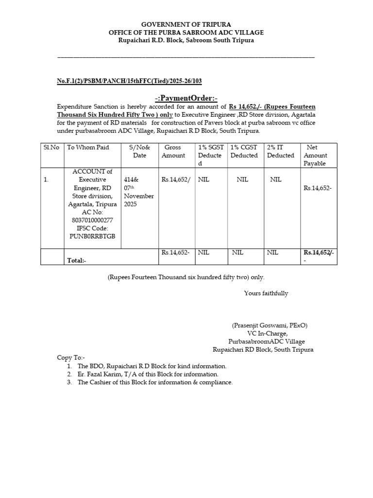 Payment Order for RD Materials in Tripura | PDF
