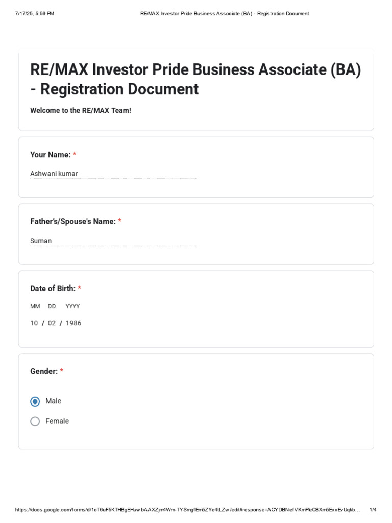 RE - MAX Investor Pride Business Associate (BA) - Registration Document ...