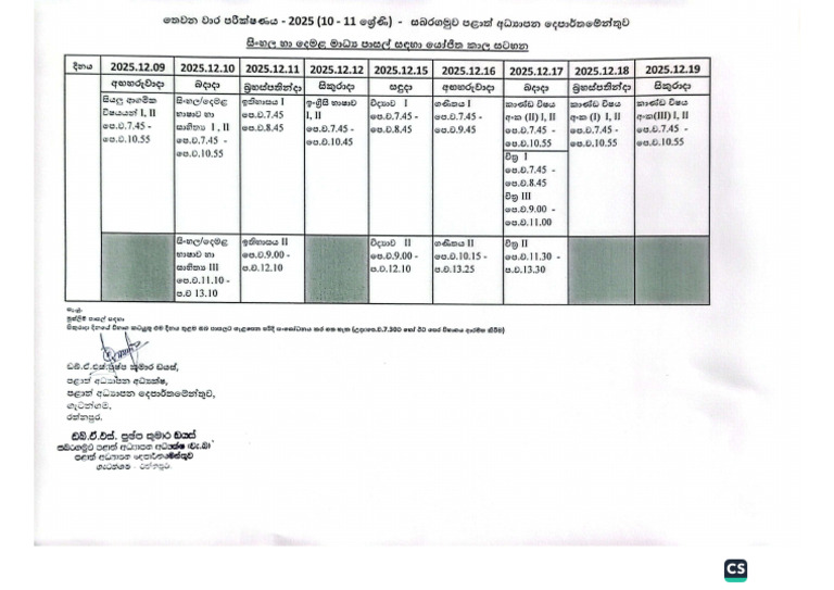 Grade 10-11 Time Table (2025) | PDF