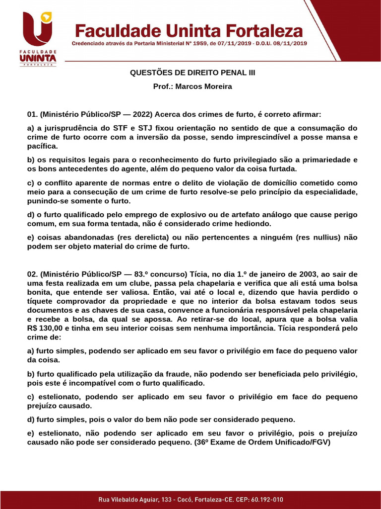 Atividade de Penal III 04 11 2025.2 Crimes Conta A Honra, Rixa, Furto ...