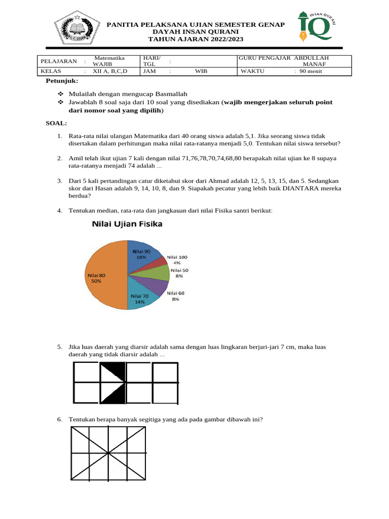 Soal Ujian MTK Wajib Kelas Xii Sem. Ganjil Insan Qurani Abdullah Manaf ...