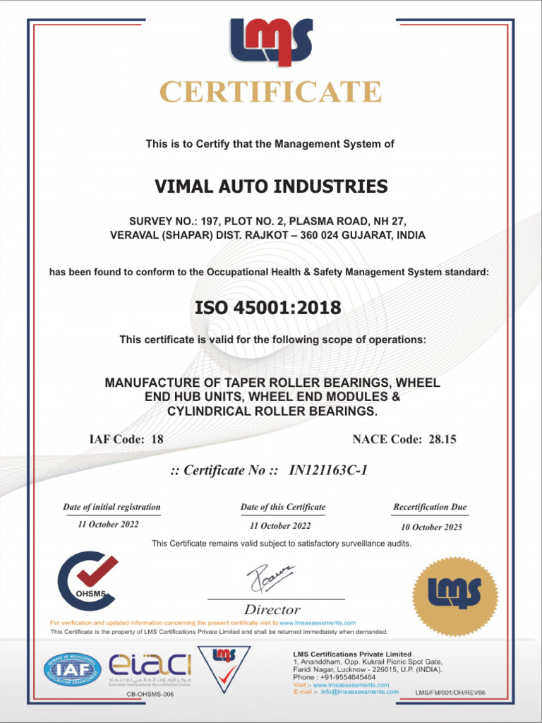 Vimal Auto Industries Iso45001 | PDF