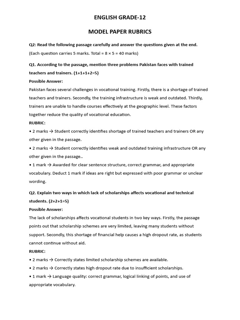 Grade 12 English Model Paper Rubrics | PDF | Subject (Grammar) | Adjective