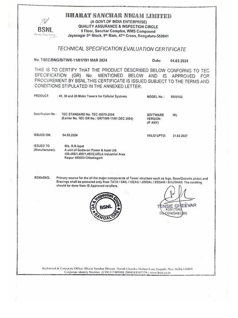 21-Bsnl Tsec - Certificate BSNL - Rri | PDF