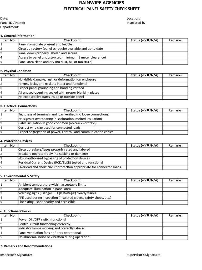 Electrical Panel Safety Check Sheet RAINWIPE AGENCIES | PDF | Fuse ...