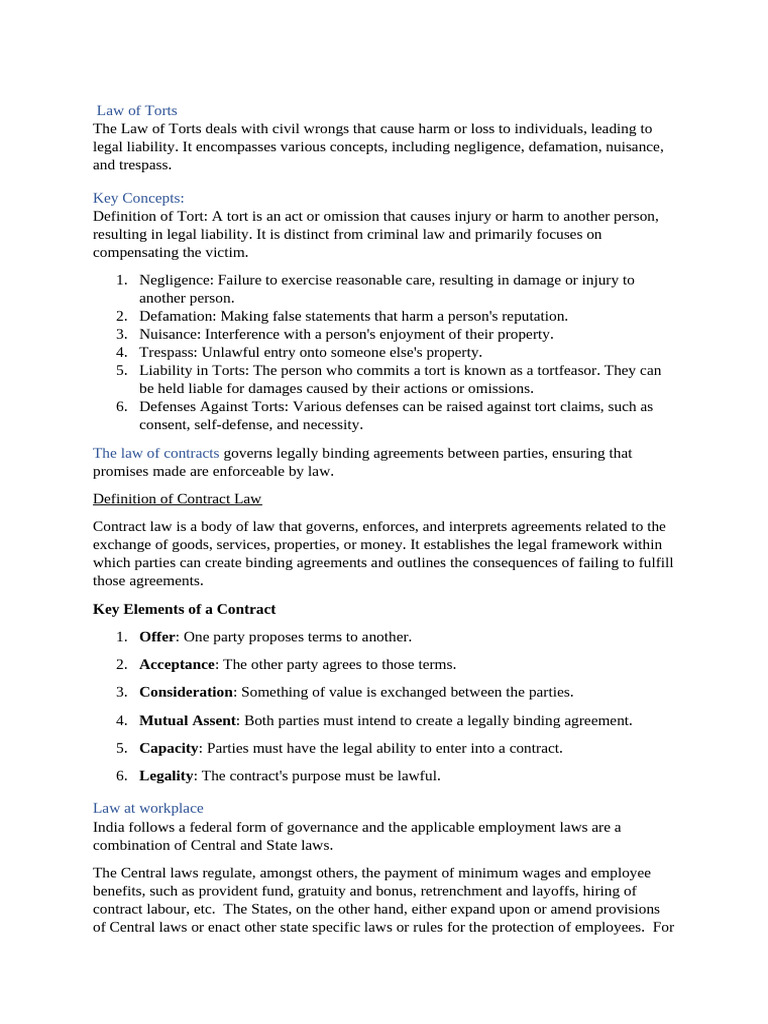 torts, contract, law at workplace | PDF | Tort | Legal Liability