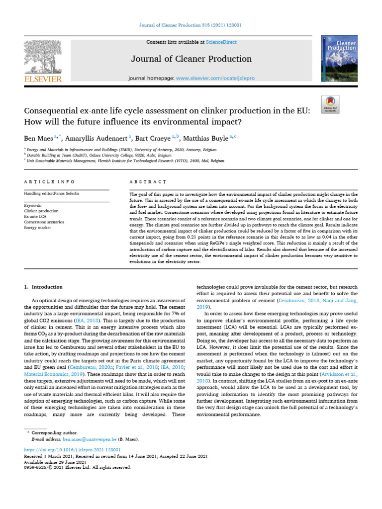 2021 Consequential Ex-Ante Life Cycle Assessment On Clinker Production ...