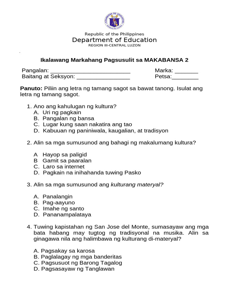 REVISED Q2 Makabansa 2 Ikalawang Markahang Pagsusulit - Checked and Edited | PDF