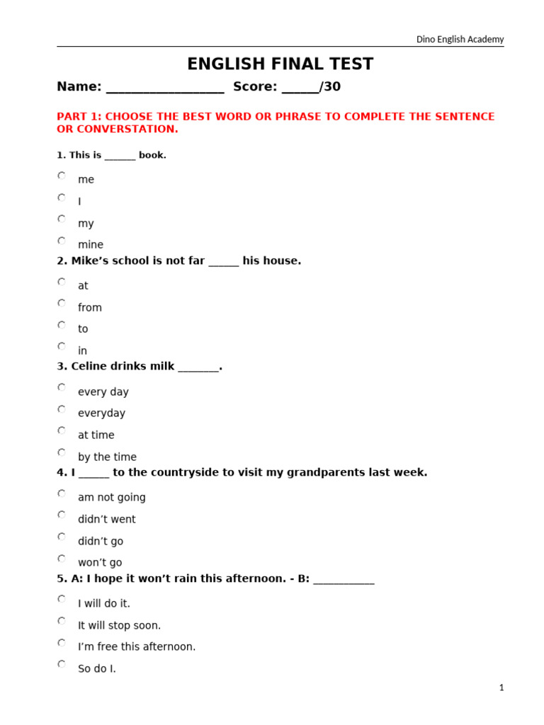 English Final Test | PDF