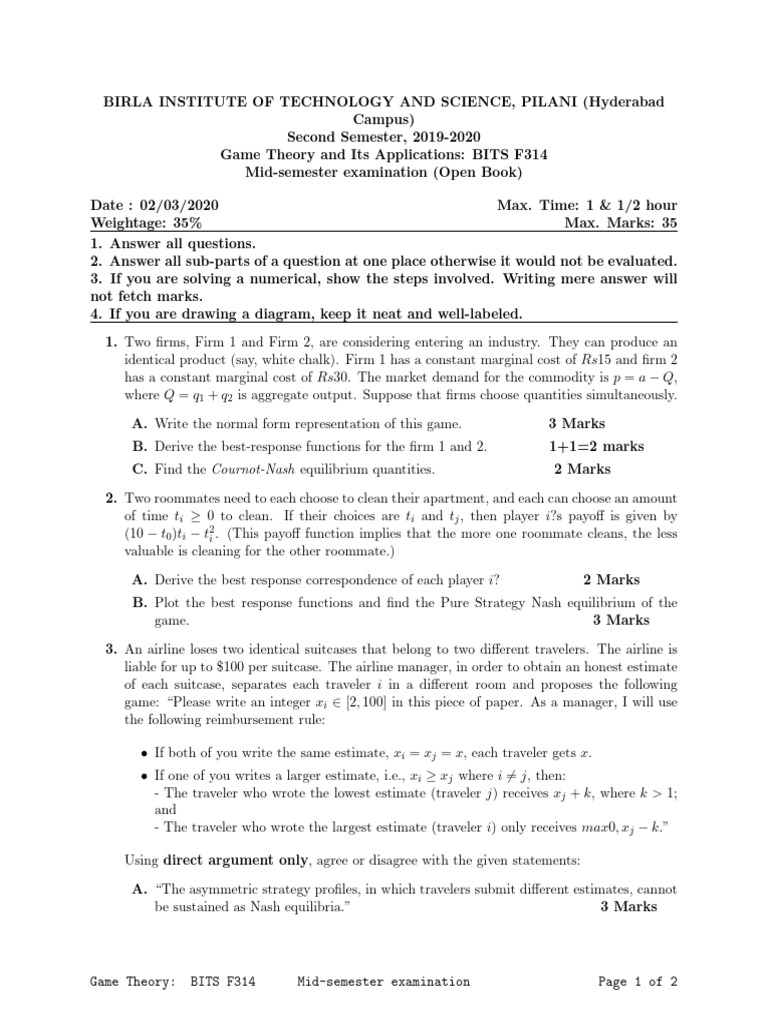 Mid-Sem-8 | PDF | Game Theory | Economics Of Uncertainty