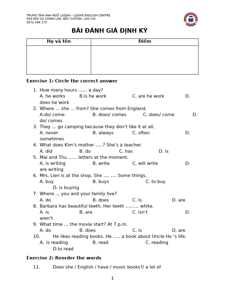 Ludan English Centre Assessment Exercises | PDF
