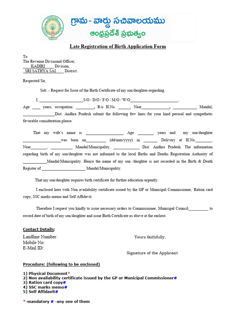 Late Birth Registration Application Form | PDF