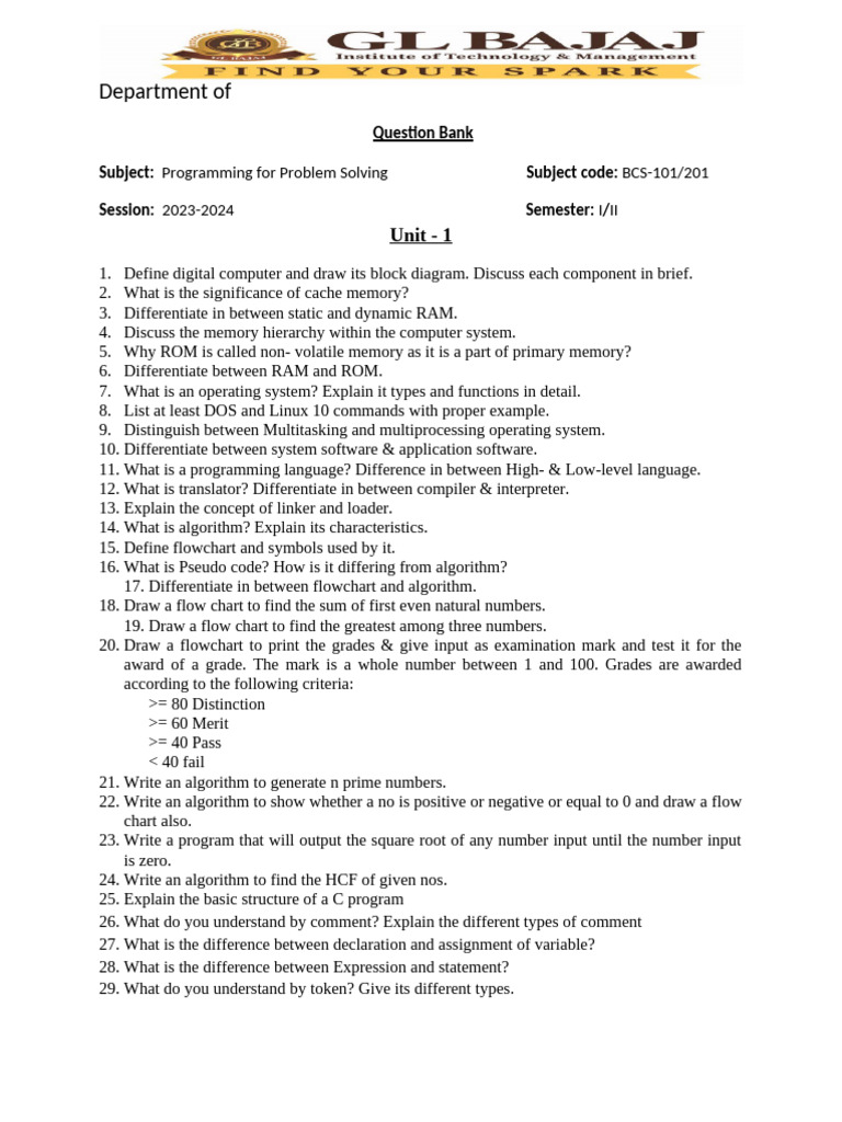 PPS Question Bank Bcs101 201 | PDF | Computer Programming | Computer ...