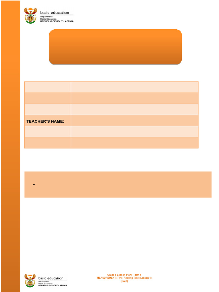 Grade 5 Term 1 Time Lesson 1 | PDF | Clock | Lesson Plan