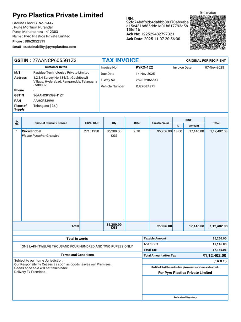 Invoice PYRO 122 Rapidue Technologies Private Limited Rapidue ...