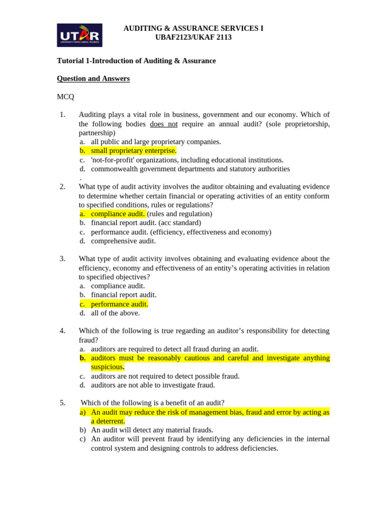 Tutorial 1 - Introduction To Audit and Assurance Services | PDF | Audit ...