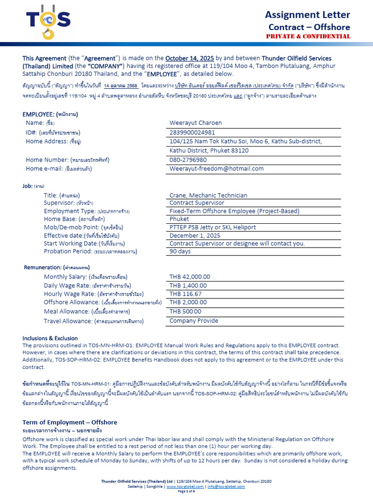 Assignment Letter Contract - Offshore - 32.crane, Mechanic Technician ...