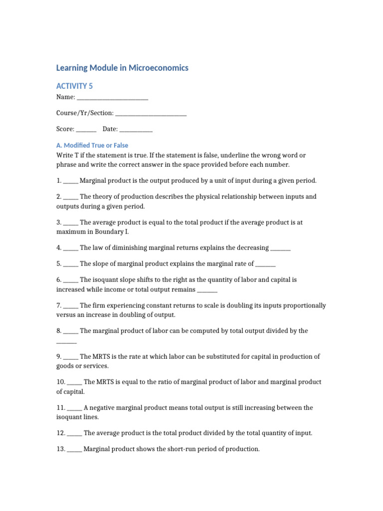 Learning Module in Microeconomics Activity 5 | PDF | Economics ...