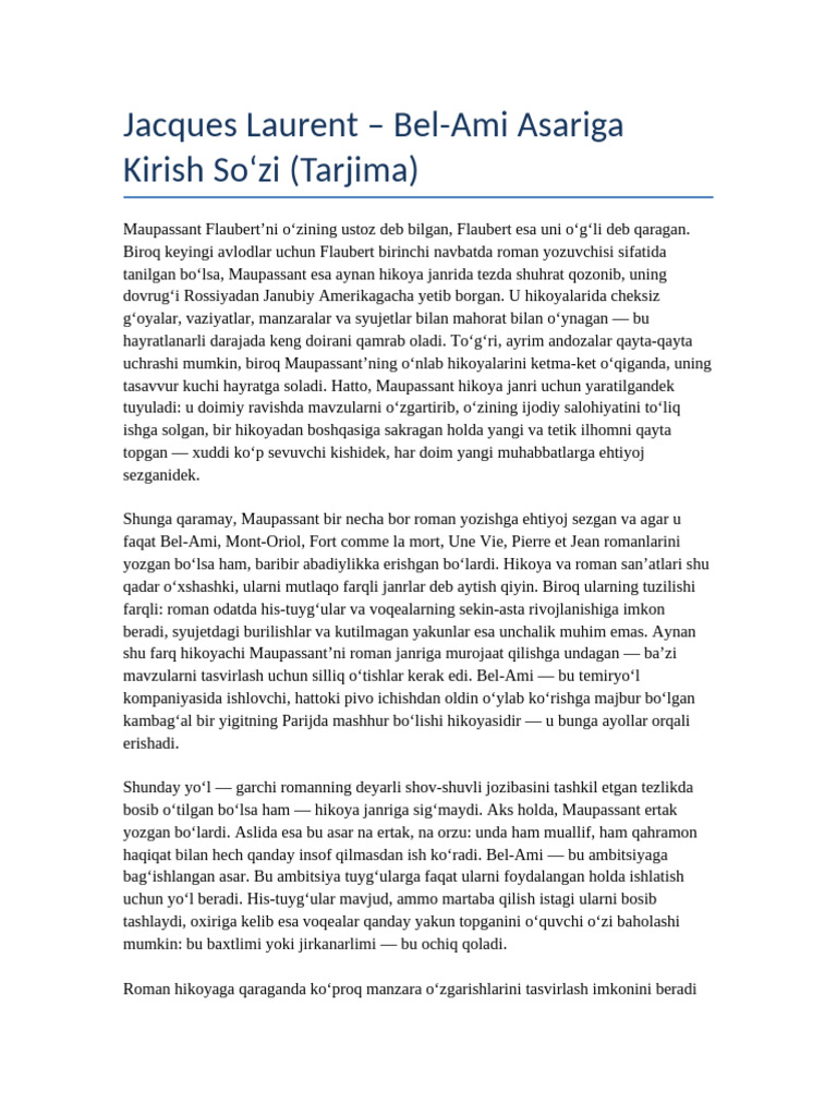 Bel-Ami Preface Toliq Tarjima | PDF