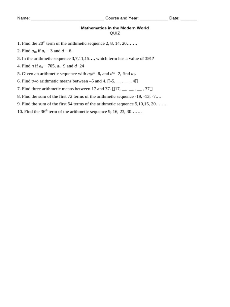 QUIZ Arithmetic Series and Sequence | PDF