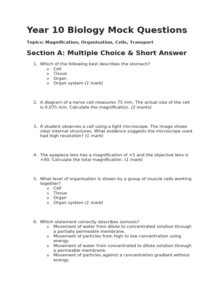 Year 10 Biology Mock Questions | PDF | Cell (Biology) | Diffusion