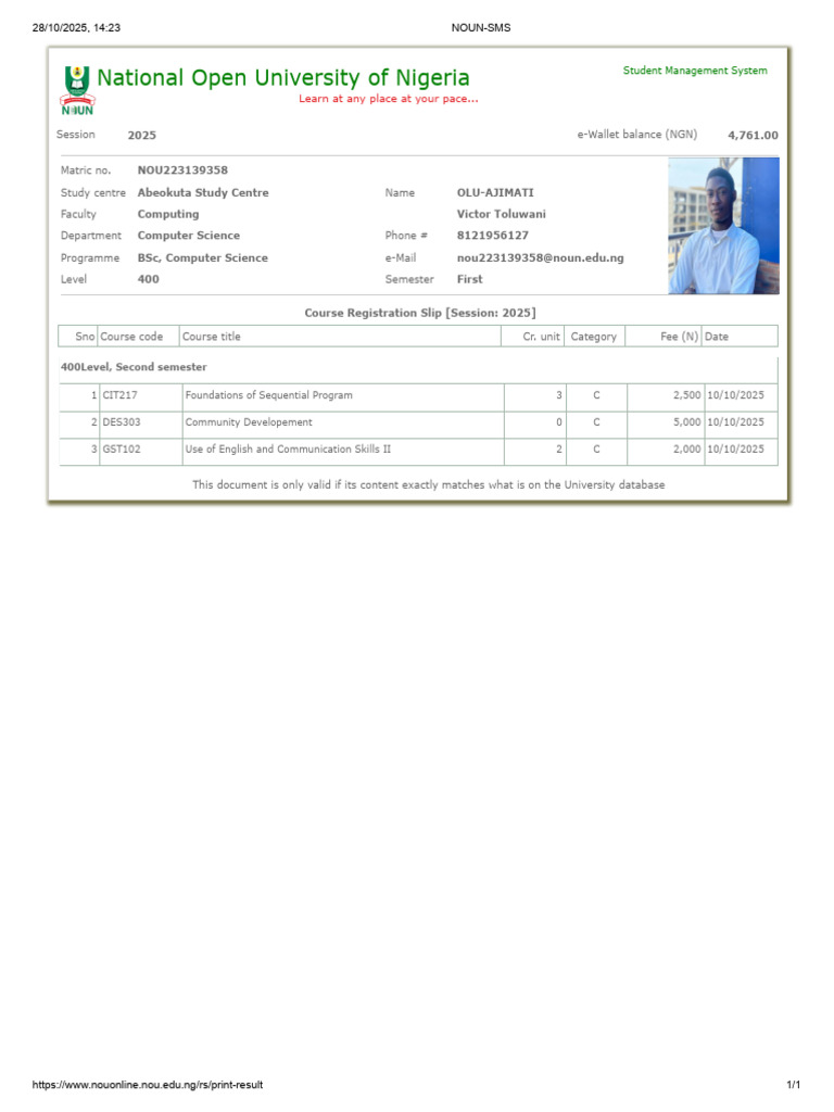 2025 Course Registration Slip - NOUN | PDF