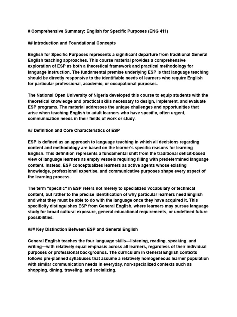 ENG411 Comprehensive Summary - English For Specific Purposes | PDF ...