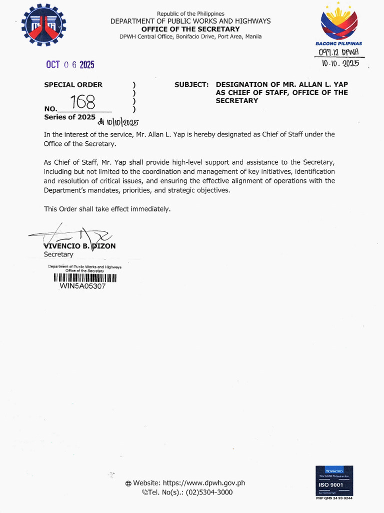 Special Order As Chief 0F Staff, Office 0F The Secretary: DPWH Central ...