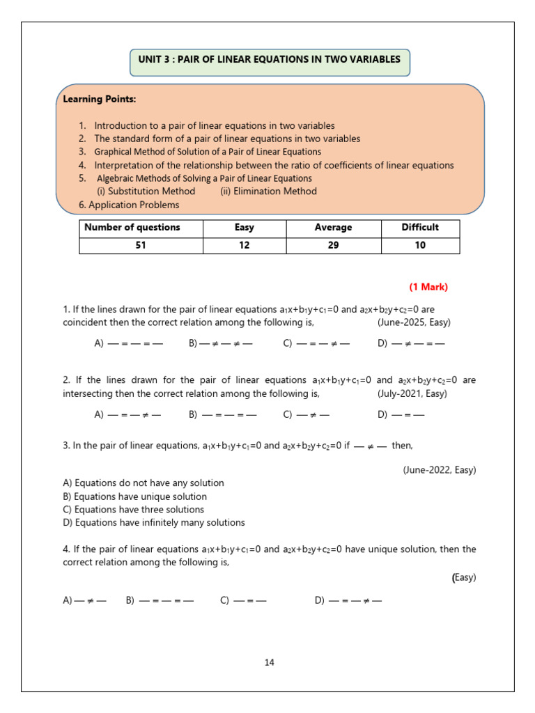 Sslc_kseeb_em Pair of Linear Equations in Two Variables Question Bank ...