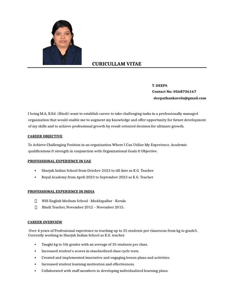 Deepa Resume 2025 | PDF | Teachers | Cognition