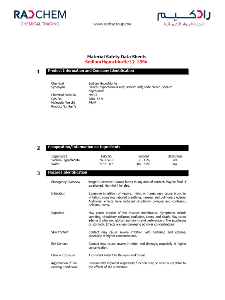 MSDS - Sodium Hypochlorite 12-15 | PDF | Occupational Safety And Health