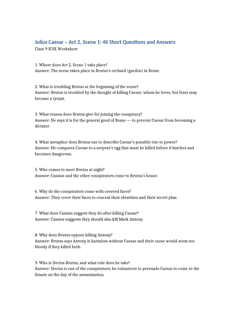 Julius Caesar Act 2 Scene 1 Q&A Guide | PDF | Julius Caesar | Mark Antony