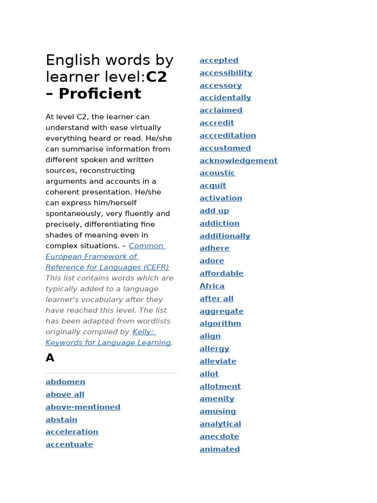 C2 Level English Vocabulary List | PDF